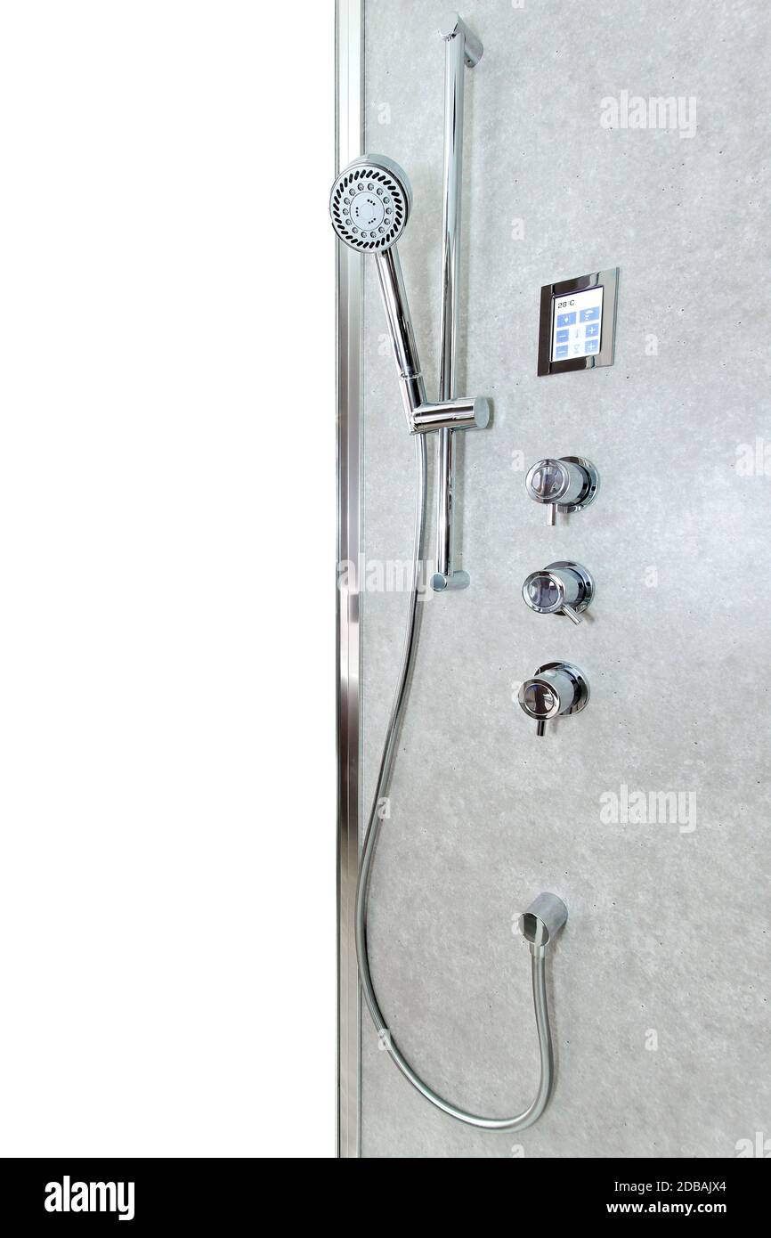 Modern shower handle with valves and digital control Stock Photo - Alamy