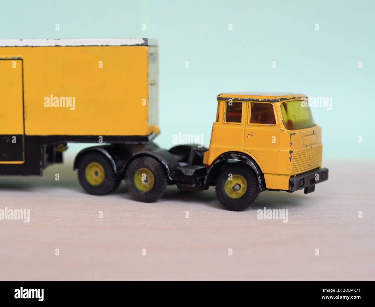 Vintage scale model yellow lorry with selective focus. Articulated ...