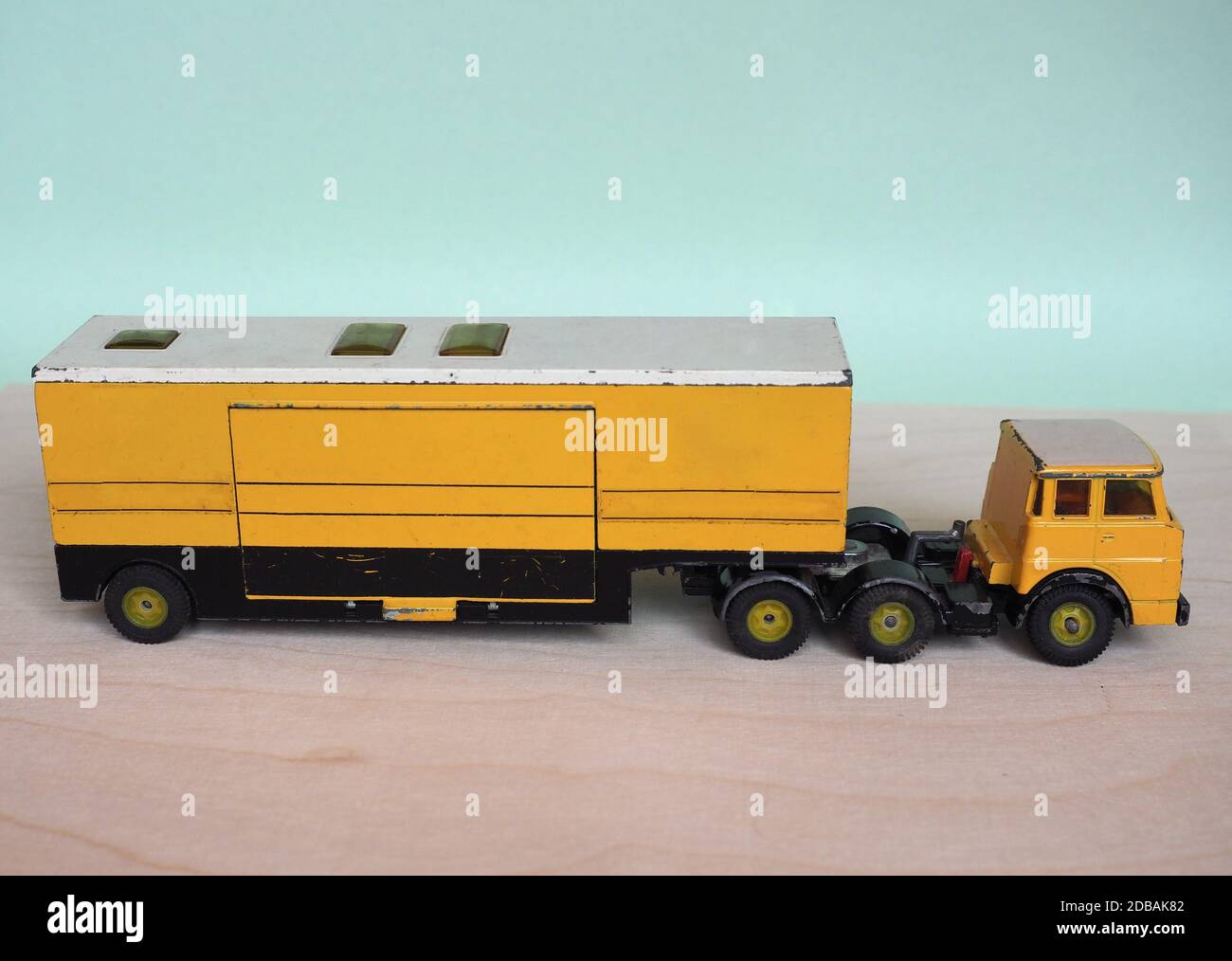 Vintage scale model yellow lorry with selective focus. Articulated ...