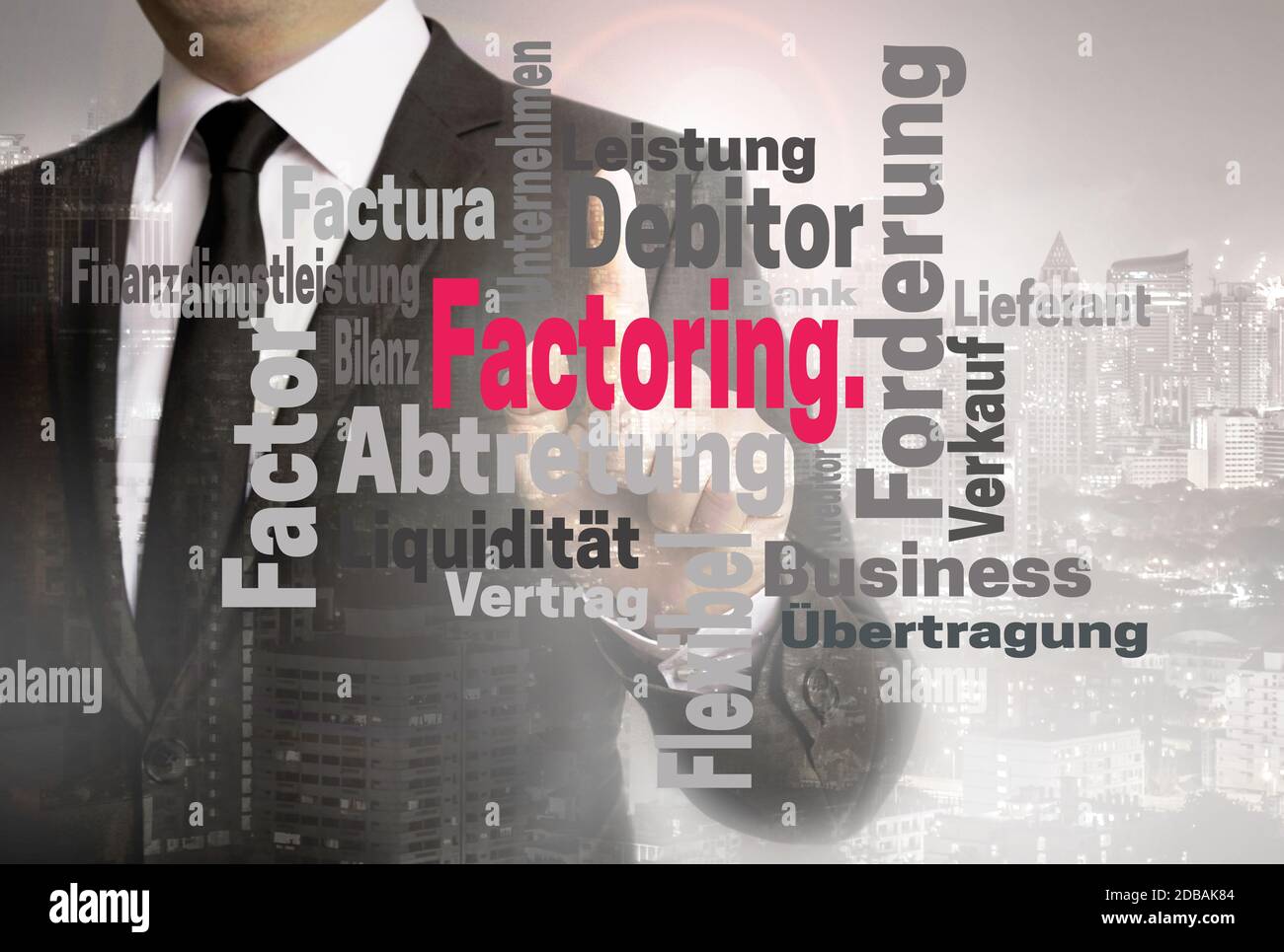Factoring wordcloud touchscreen is shown by businessman Stock Photo - Alamy