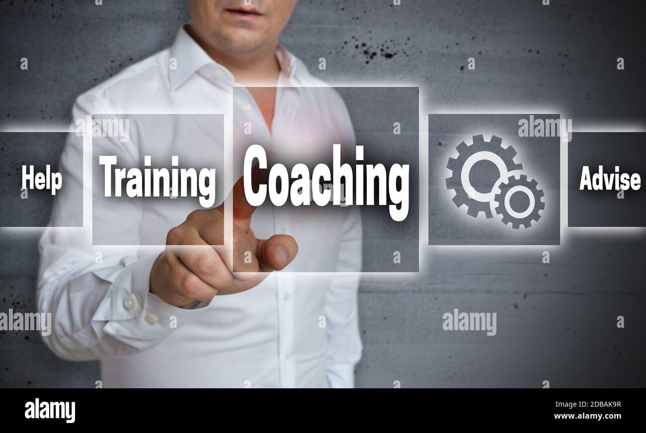 Coaching touch screen concept background is shown by man Stock Photo ...