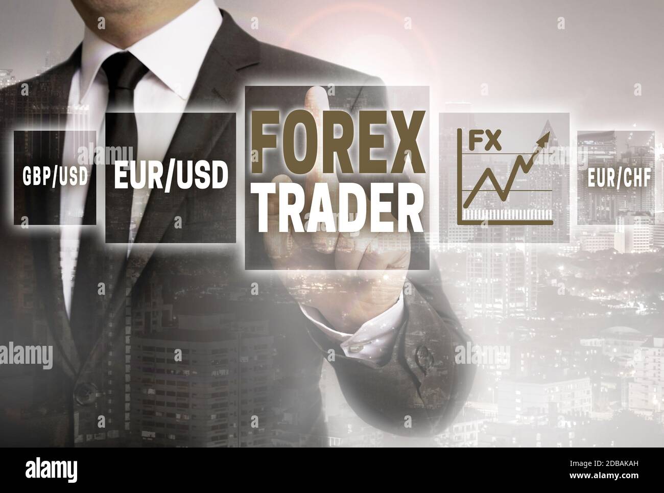 Forex trader with city background concept Stock Photo - Alamy