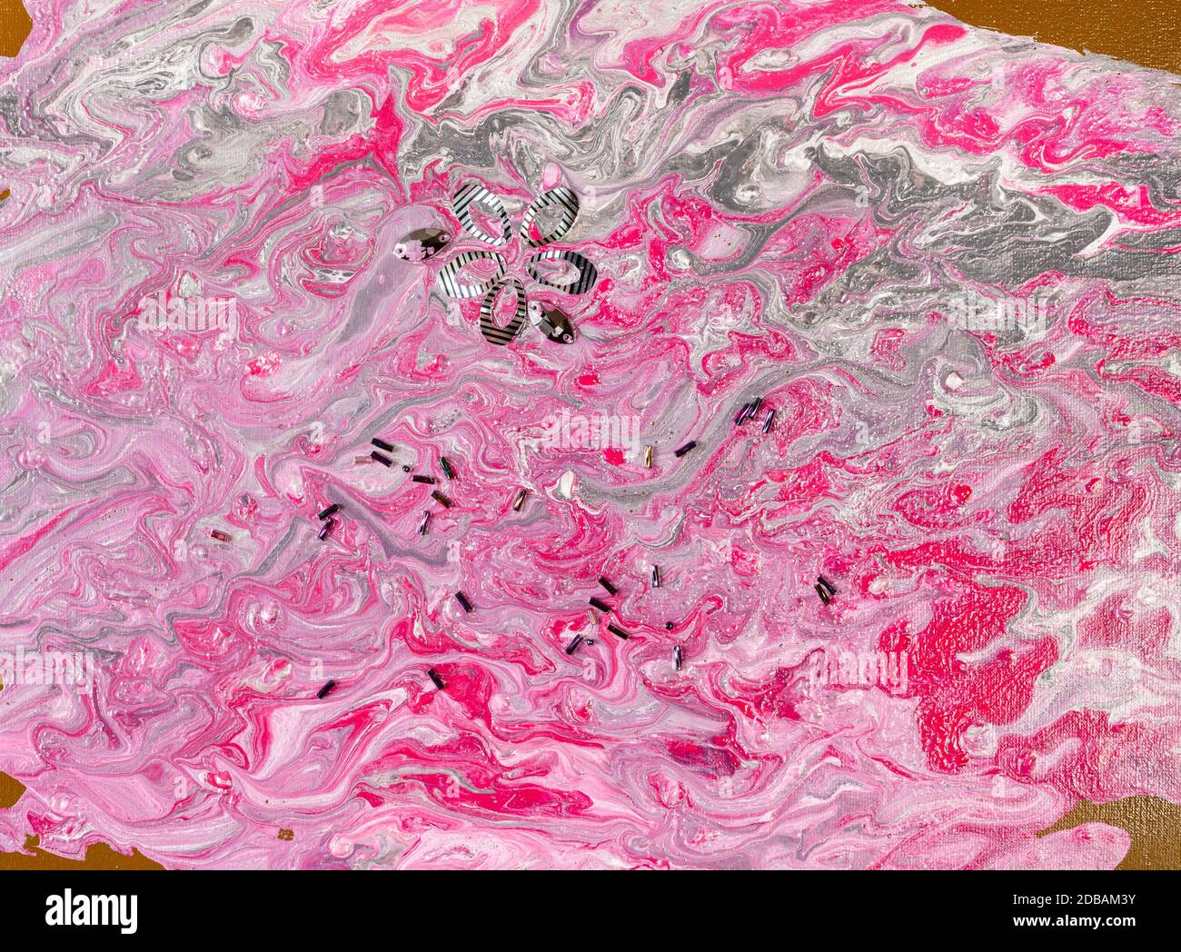 abstract painting with flowing pink and silver acrylic paints decorated ...