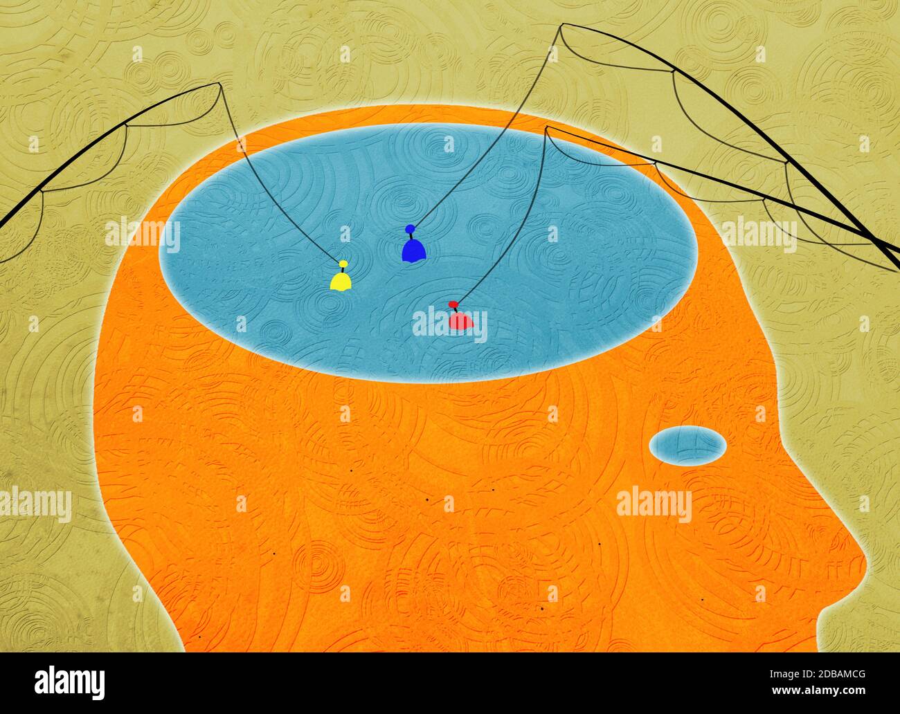 orange human head silhouette with lake and fishing poles Stock Photo ...