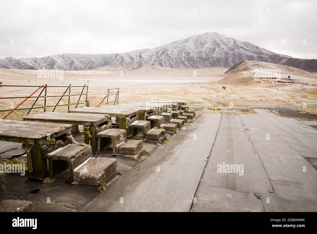 Mount Aso and Kusasenri in winter. covered by golden yellow grassland - Kumamoto, Japan Stock ...