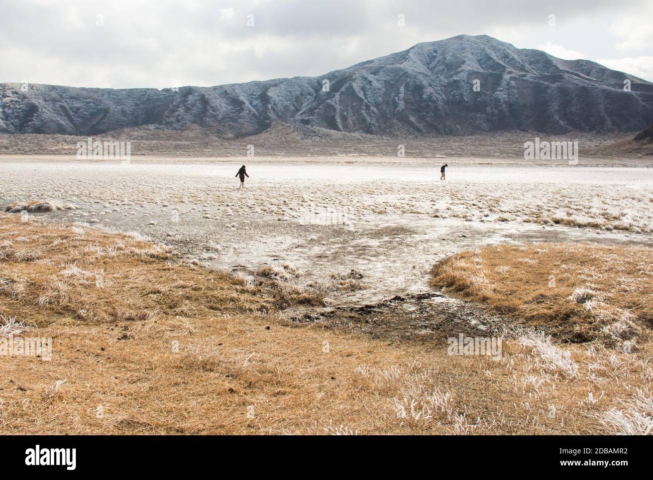 Mount Aso and Kusasenri in winter. covered by golden yellow grassland - Kumamoto, Japan Stock ...