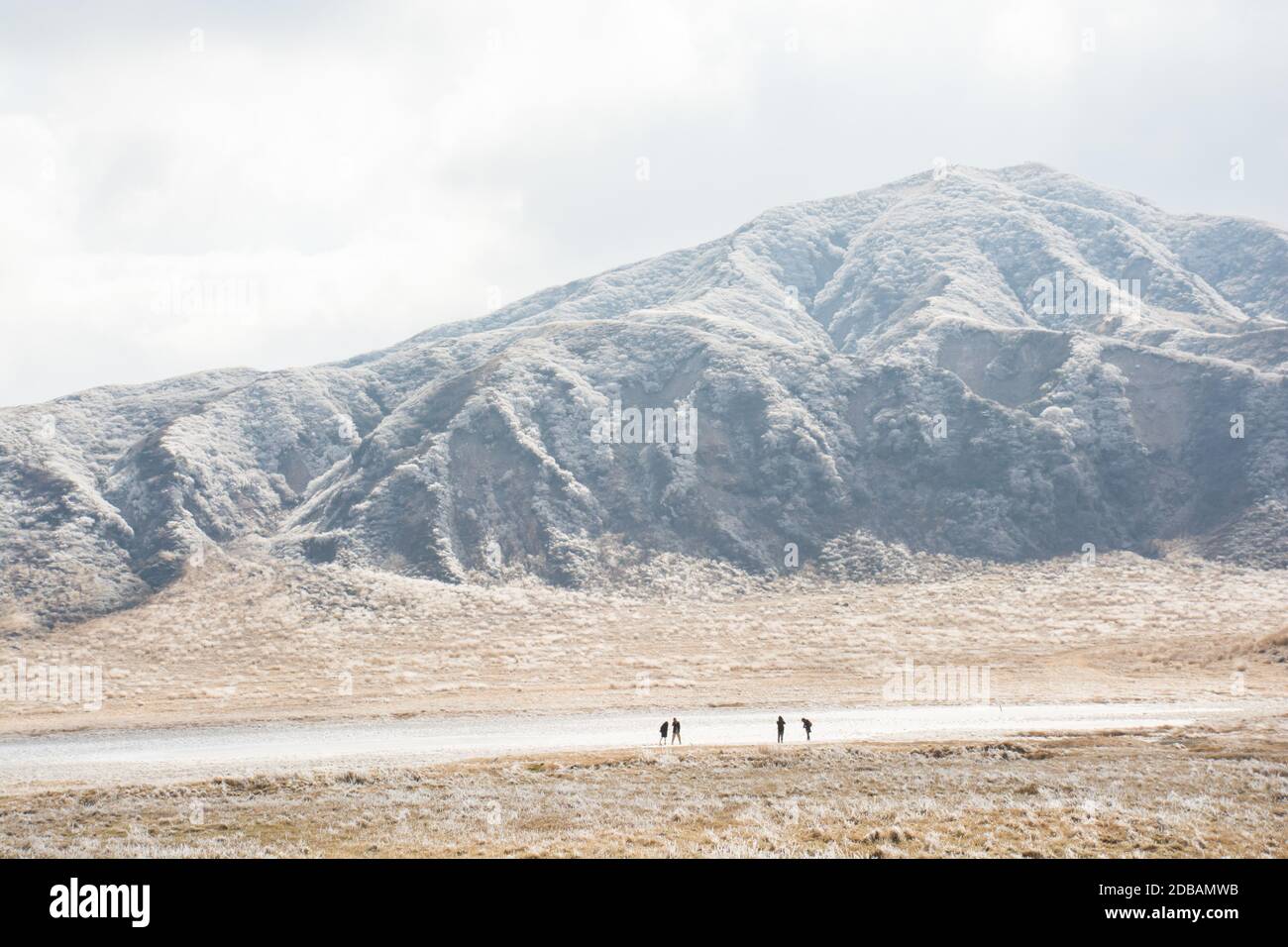 Mount Aso and Kusasenri in winter. covered by golden yellow grassland - Kumamoto, Japan Stock ...