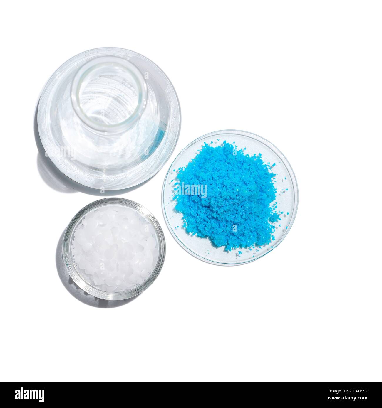 Cosmetic chemicals ingredient on laboratory table. Copper(II) sulfate ...