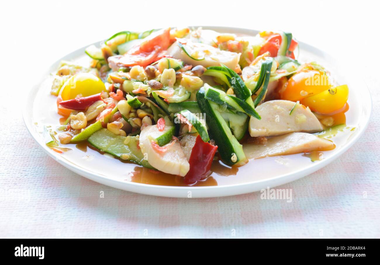 Cucumber salad with preserved pork sausages, Thai popular food called ...