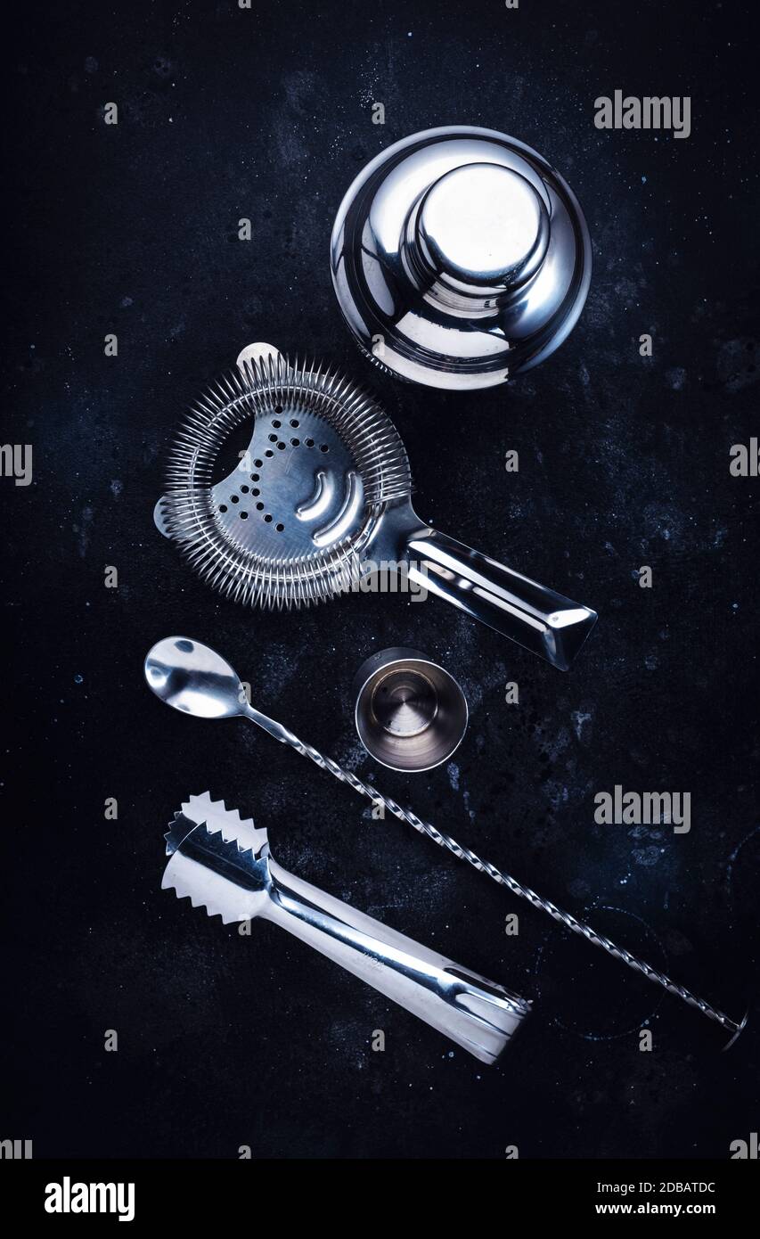 Steel bar tools and accessories for making cocktail. Shaker, jigger ...