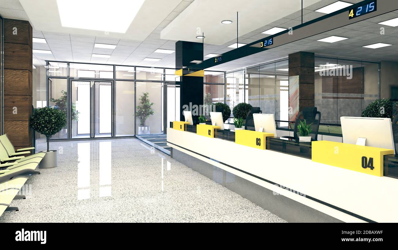 Customer stand with digital counter in large open space office ...