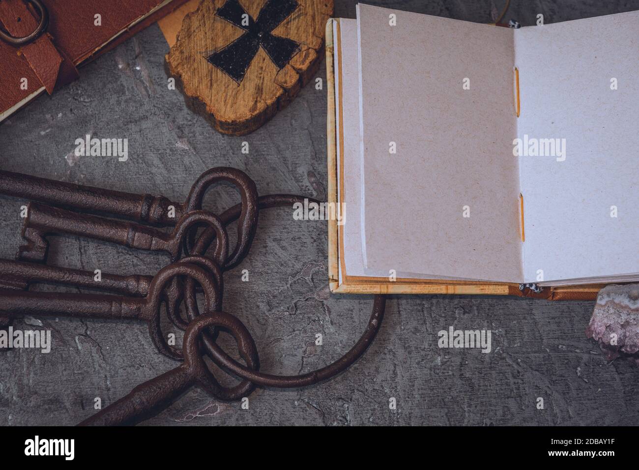 old keys and symbols in wood and with little natural light Stock Photo ...