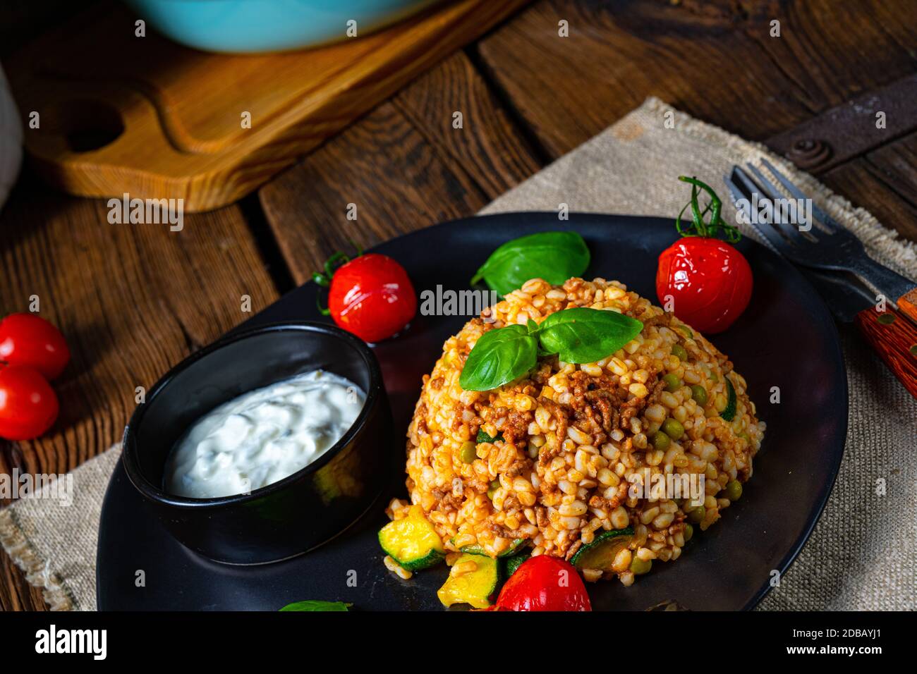 rustic bulgur fried with minced meat and vegetables Stock Photo - Alamy