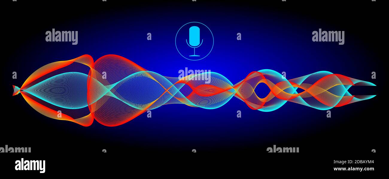 Voice Recognition with a microphone and blue and orange sound waves â ...