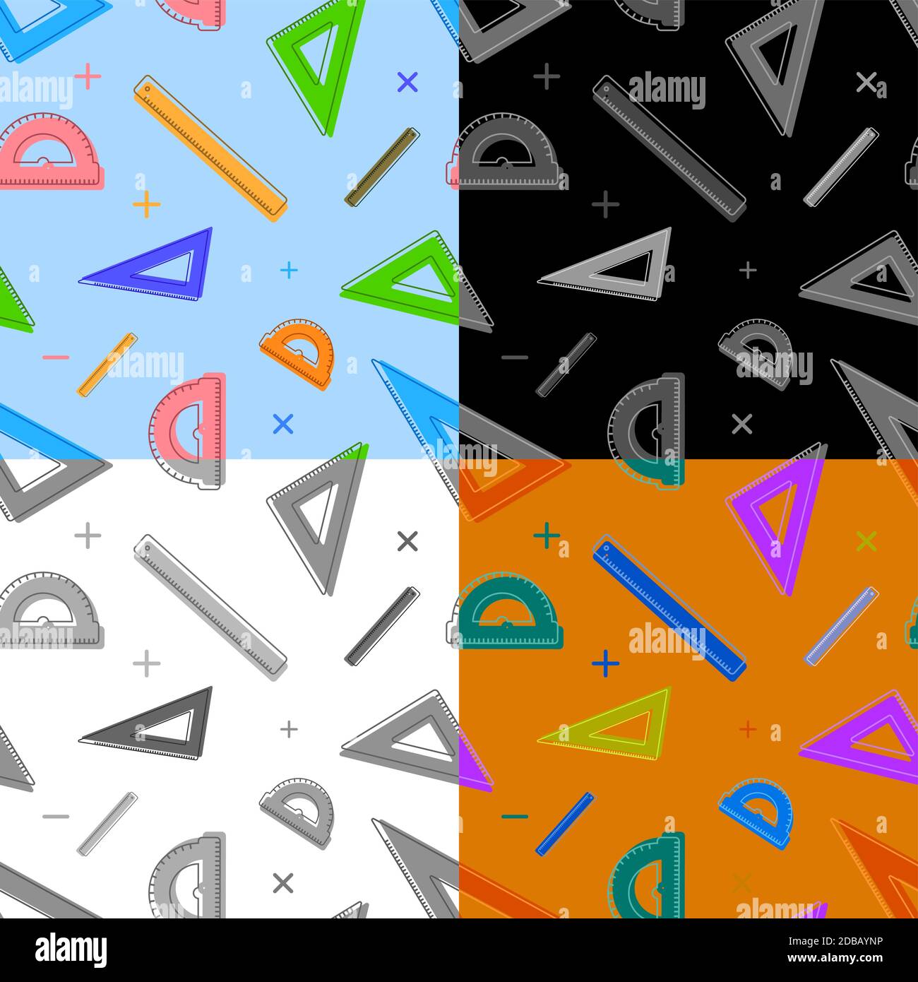set of seamless patterns with ruler, protractor, triangle. School ...