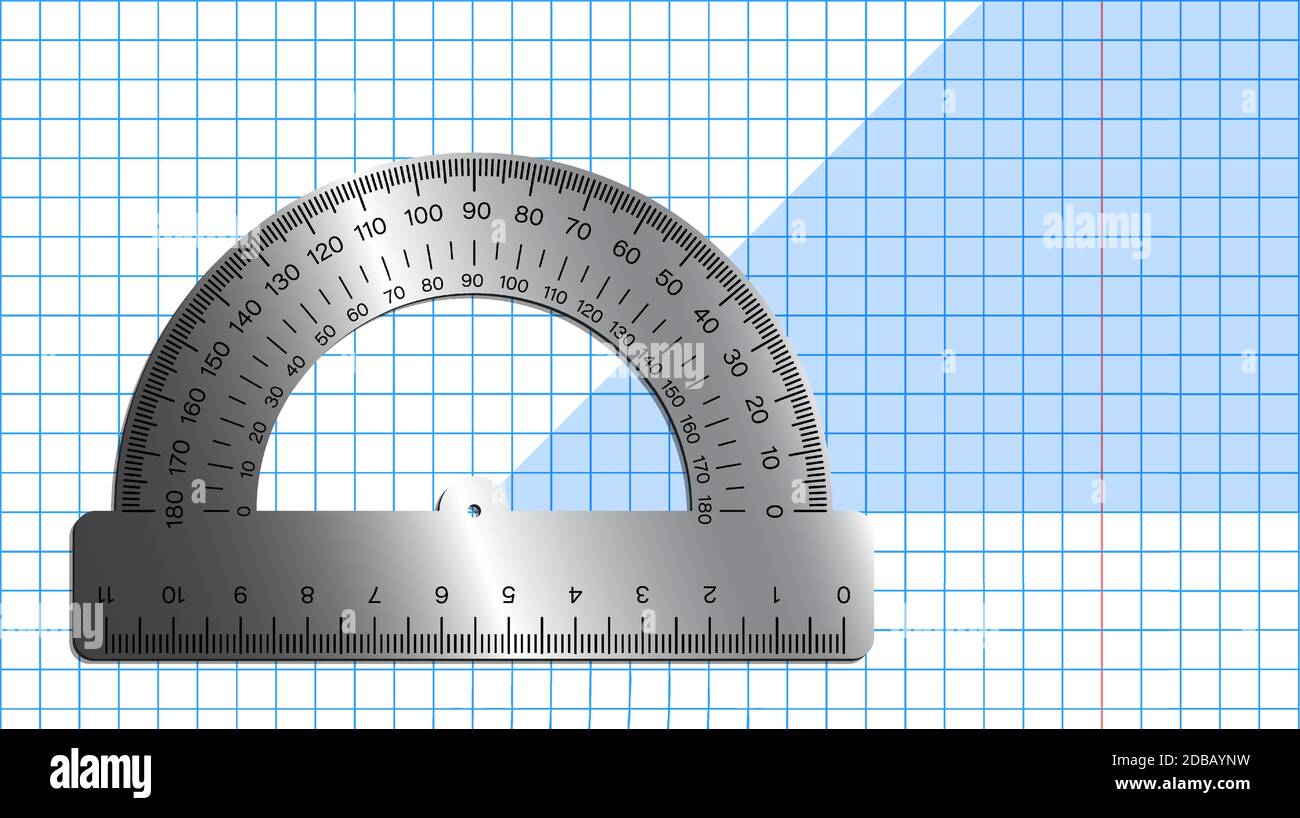metal protractor on notebook sheet. School measuring instruments ...
