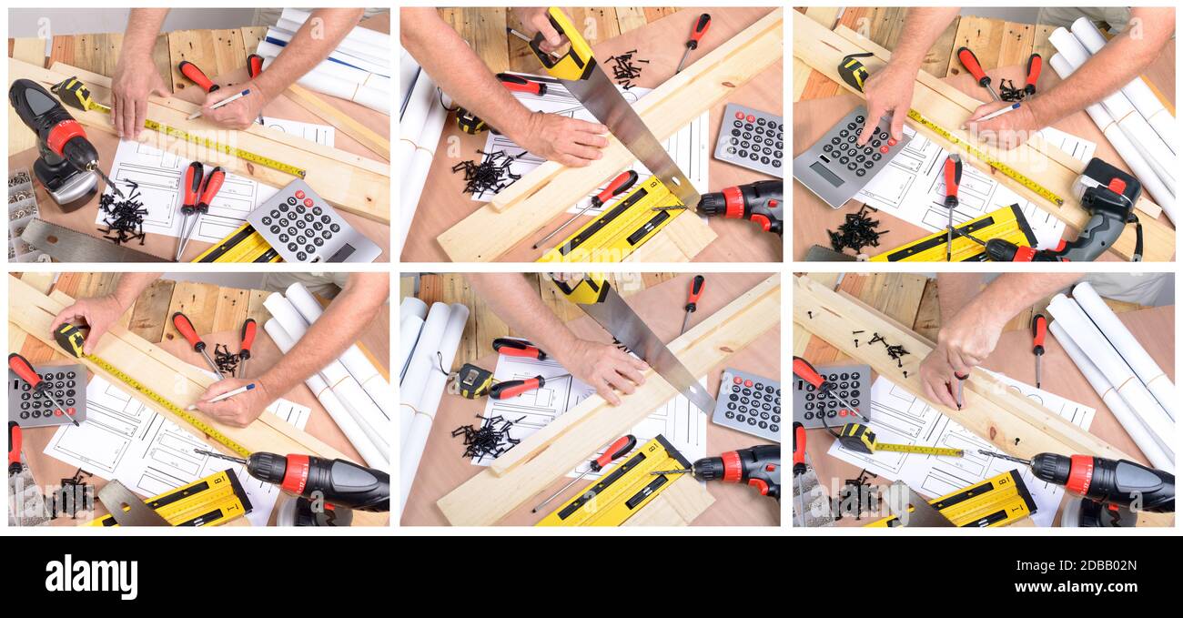 a man made a piece of furniture with various carpentry tools Stock ...