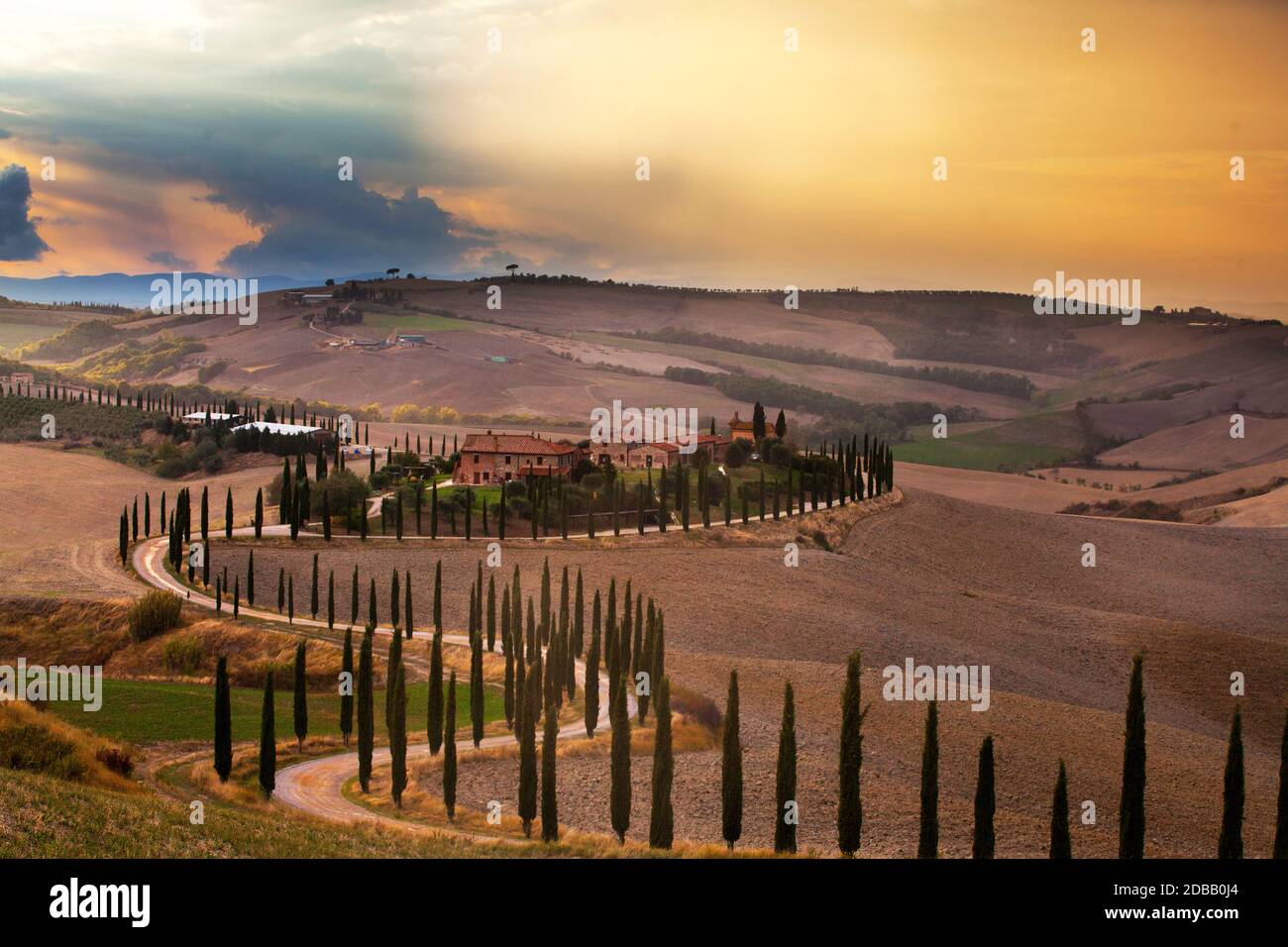 Beautiful Tuscan landscape at sunset after rain with cypress trees ...