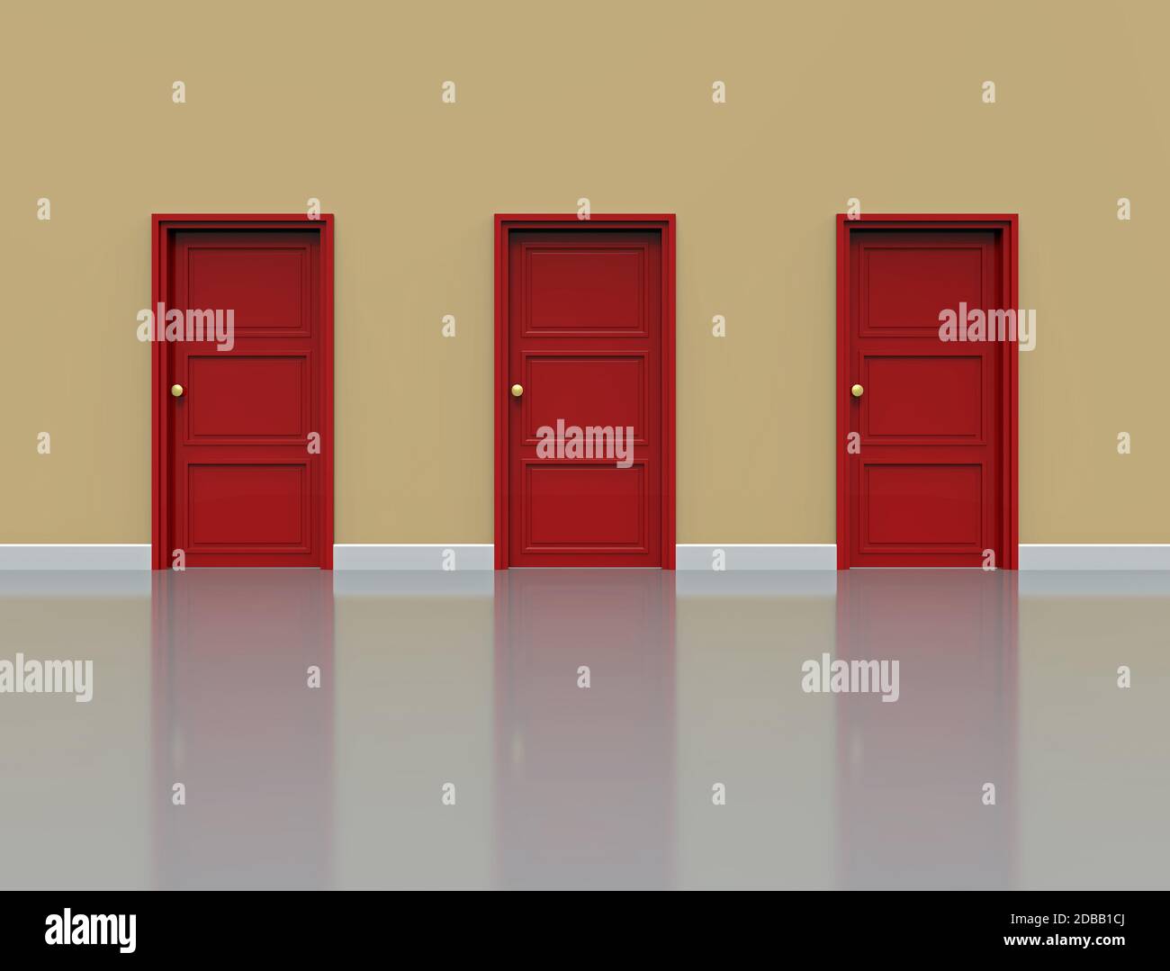 Wall with three red doors, 3d rendering Stock Photo - Alamy
