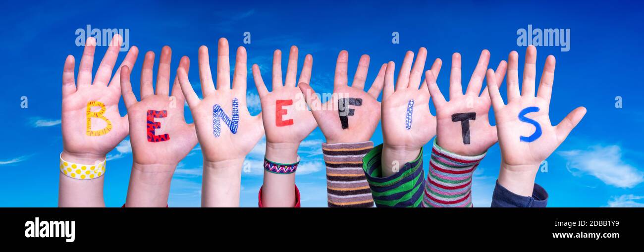 Children Hands Building Colorful Word Benefits. Blue Sky As Background ...