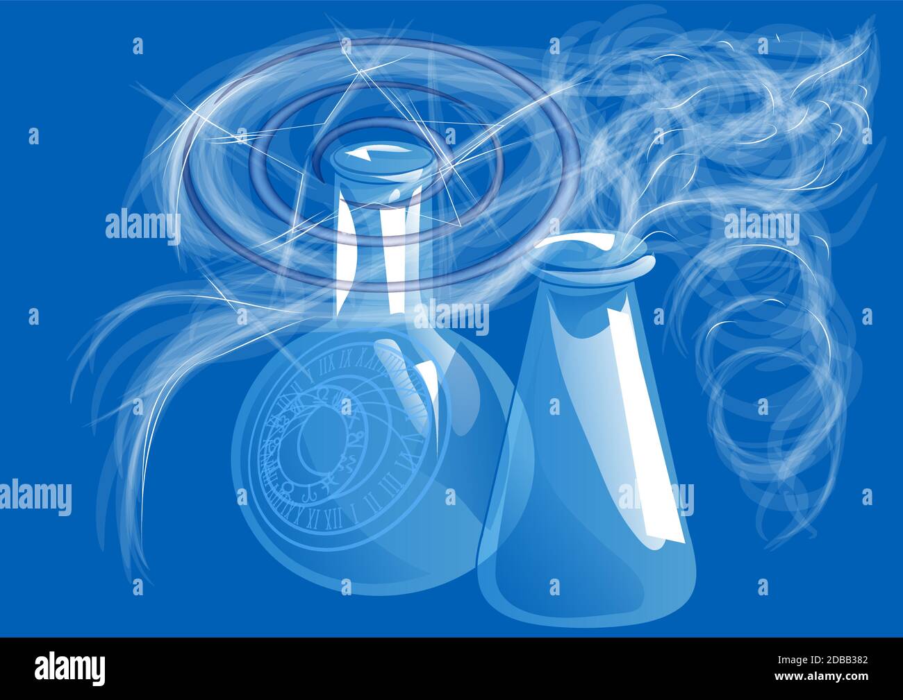 alchemy abstract background. glass bottle contain a smoking magic ...