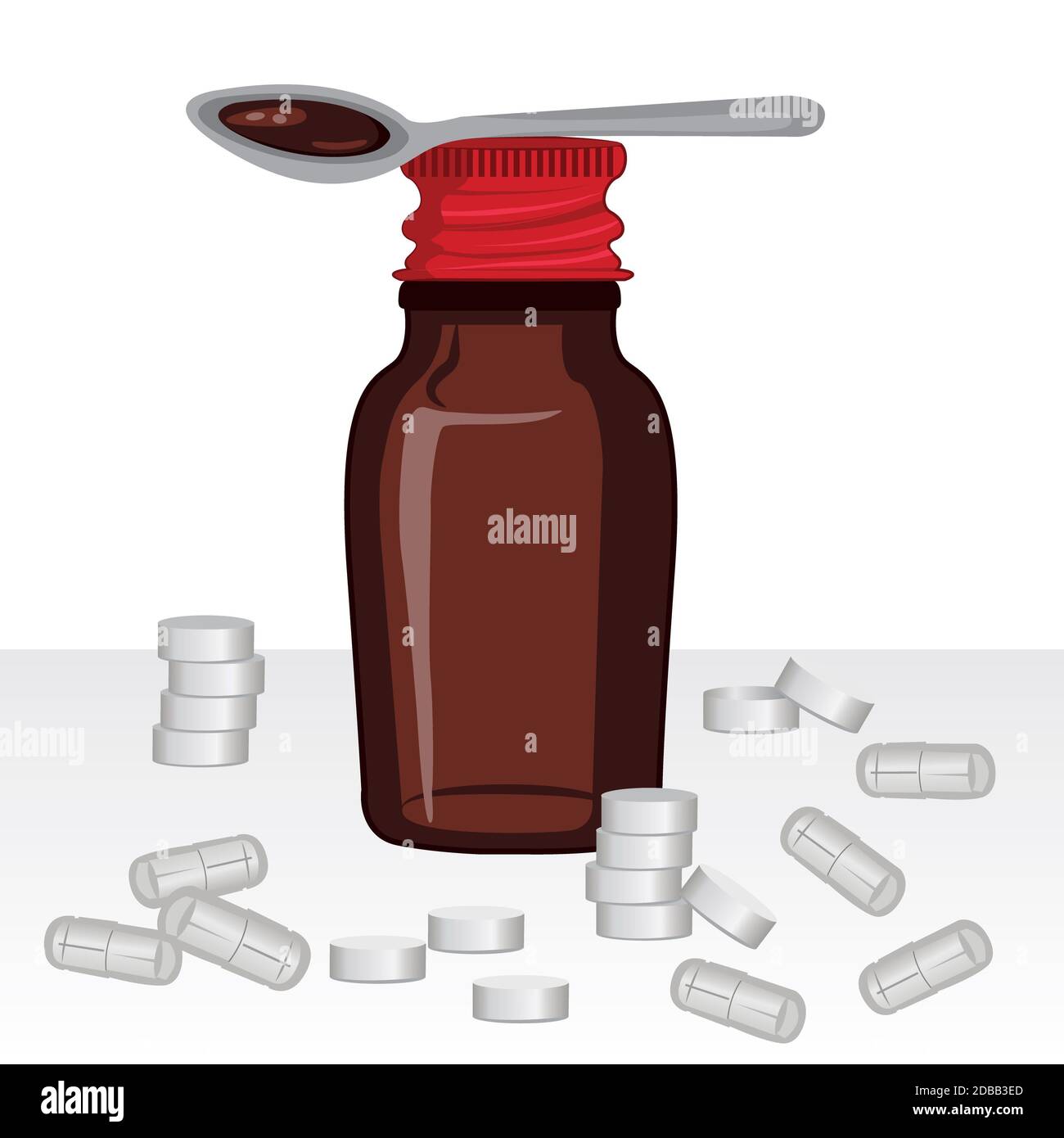 Bottle of homeopathic remedy syrup and a spoon with remedy mixture ...