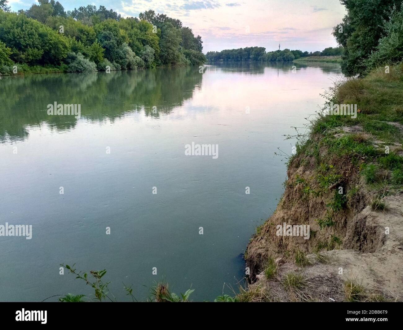 River landscape. River flow. Water surface and trees on the shore Stock ...