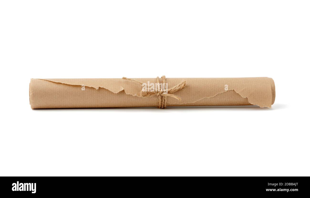 twisted roll of brown paper tied with a rope and isolated on a white ...
