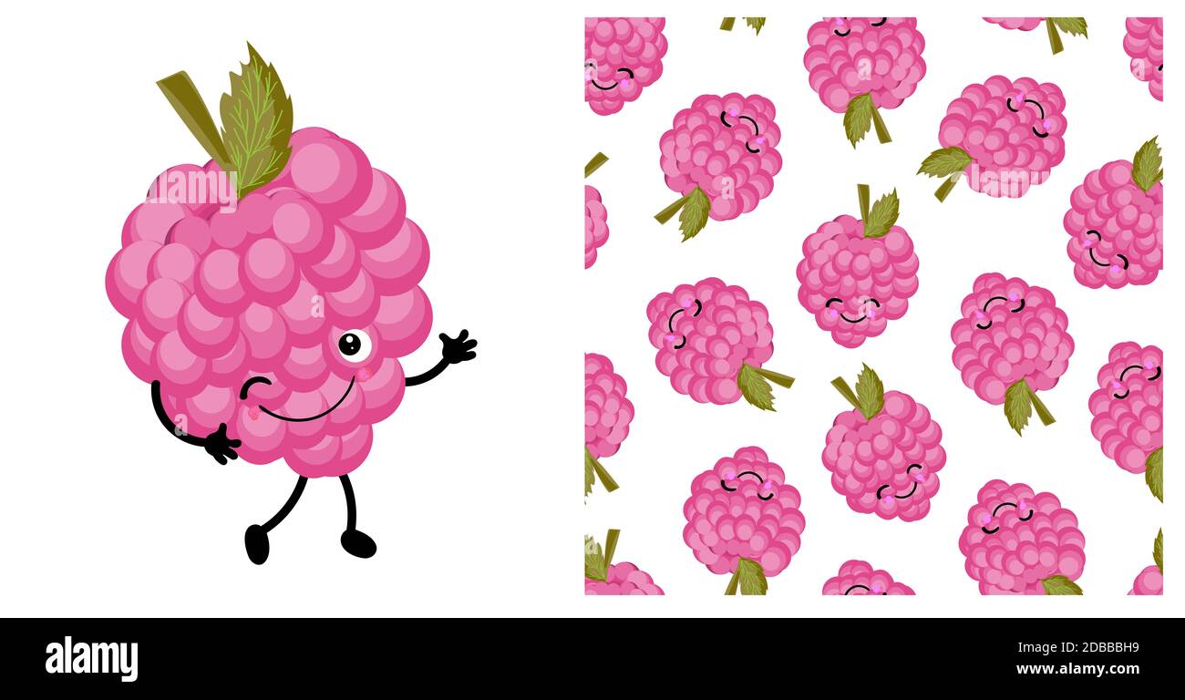 Raspberry character. Cute funny berry. Berry seamless vector pattern ...