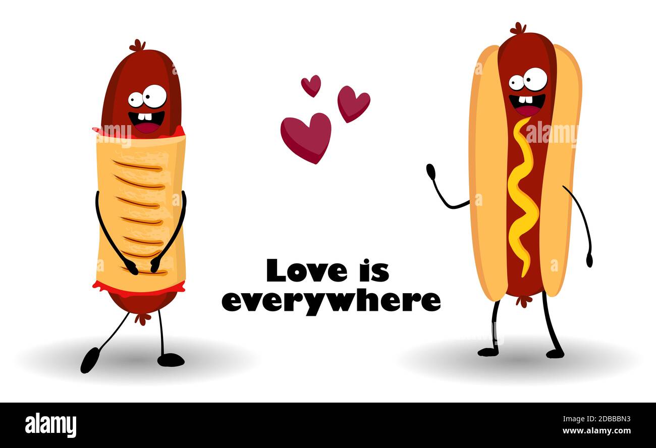 Funny hot dog. Hot dog. Cute fast food vector character set isolated on ...
