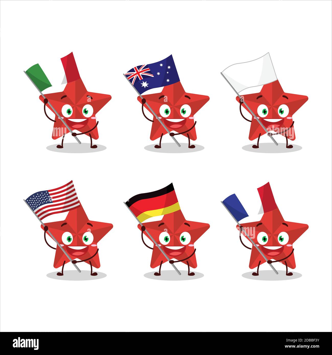 New Red Stars Cartoon Character Bring The Flags Of Various Countries