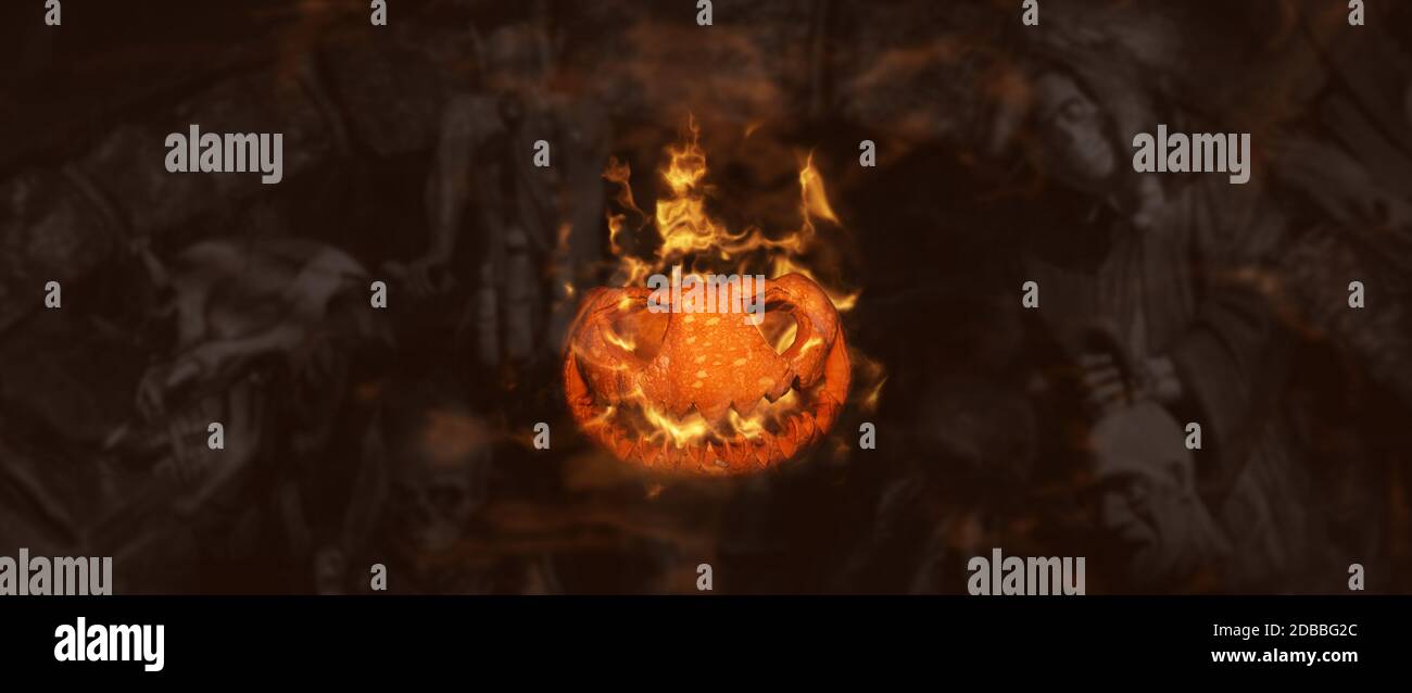 Halloween Pumpkin, Jack O’ Lantern Burning in Flames in a Haunted ...