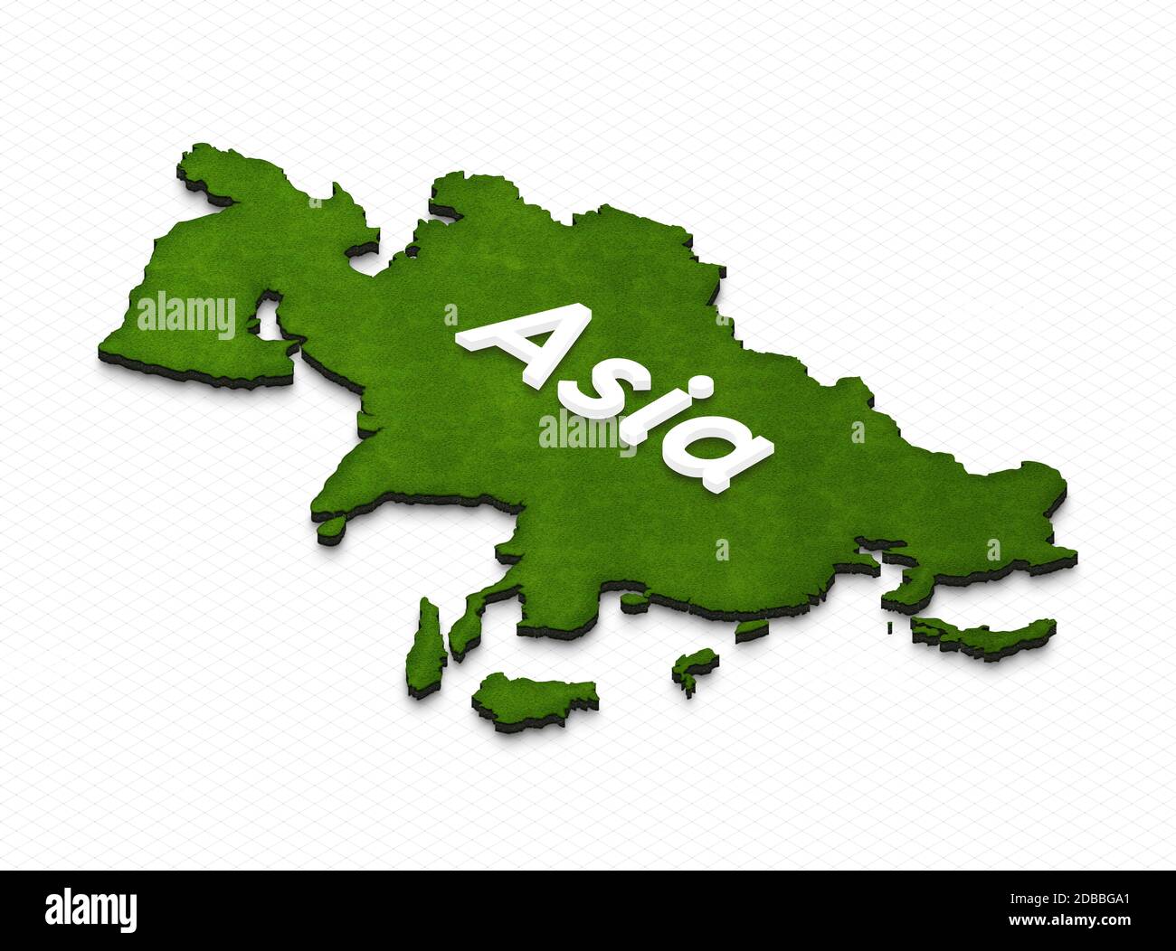 Illustration of a green ground map of Asia on grid background. Left 3D ...