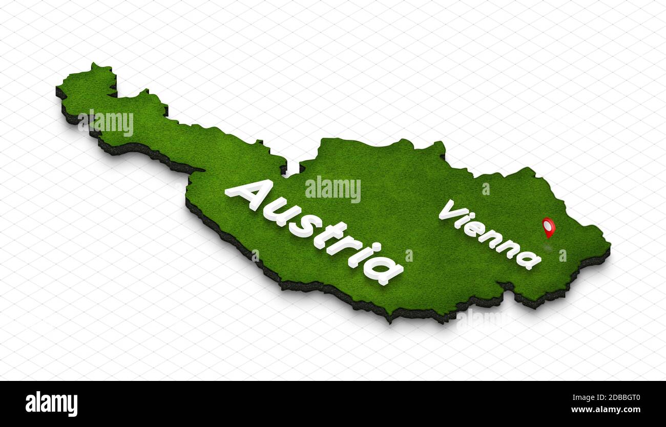 Illustration of a green ground map of Austria on grid background. Left ...