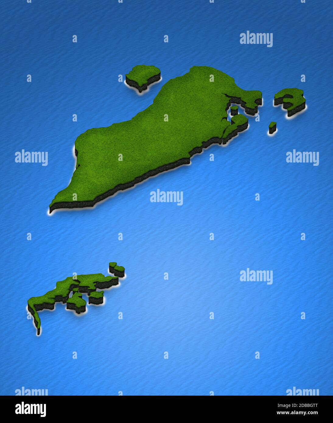 Illustration of a green ground map of Bahrain on water background. Left ...