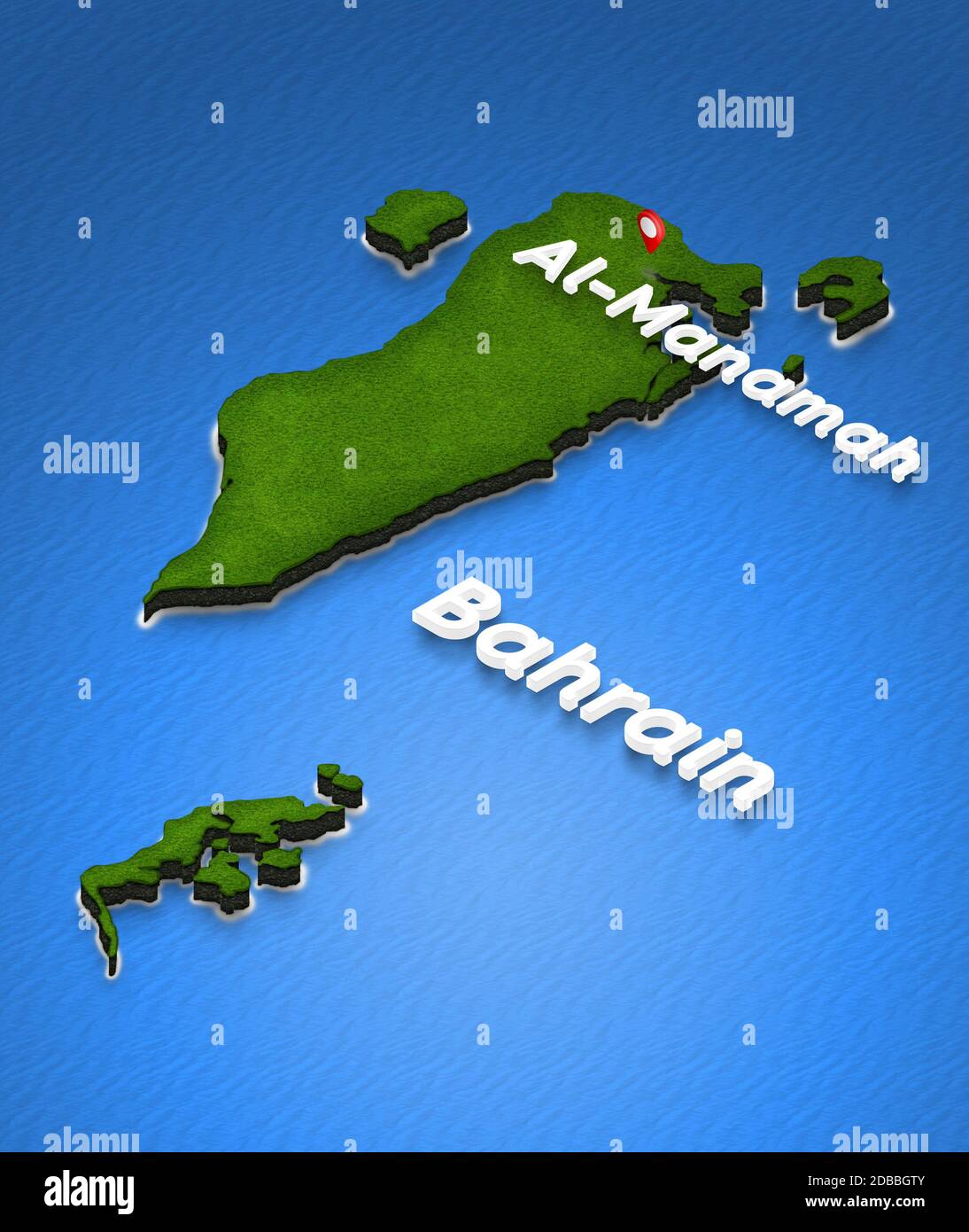 Illustration of a green ground map of Bahrain on water background. Left ...