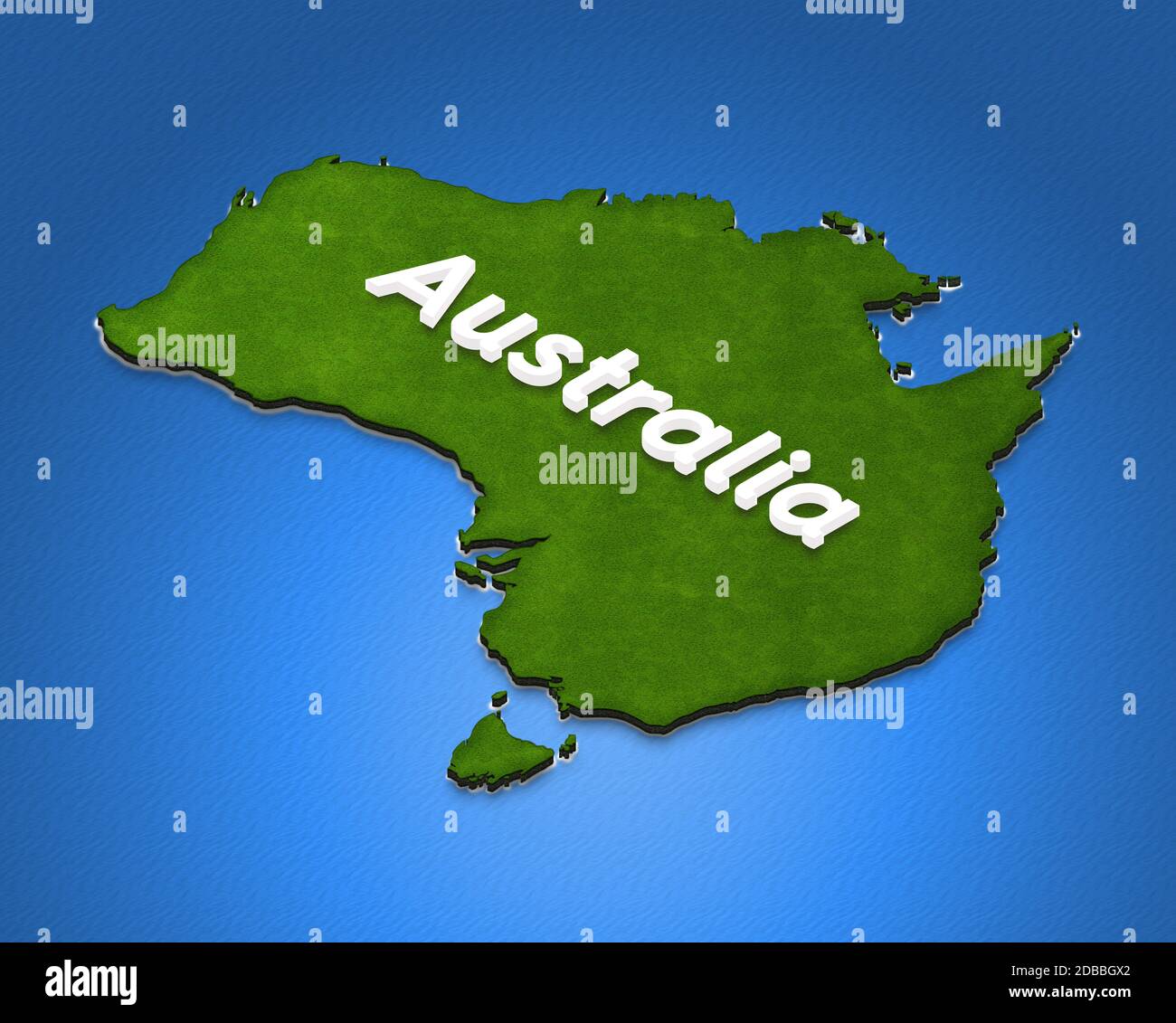 Illustration green ground map of Australia on water background. Left 3D ...