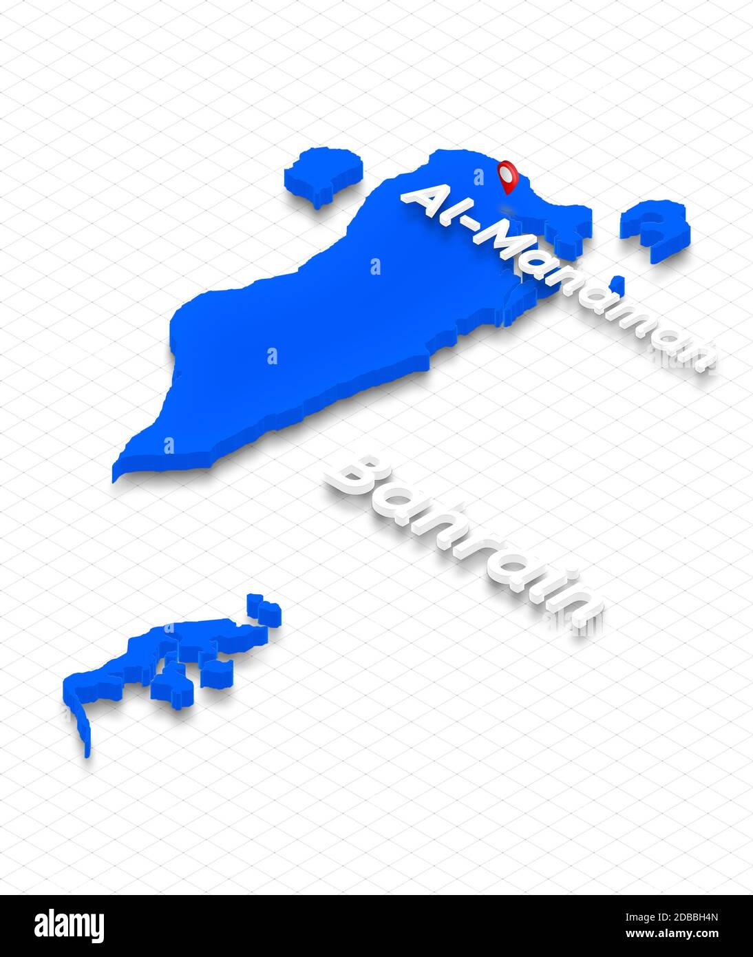 Illustration of a blue ground map of Bahrain on grid background. Left ...
