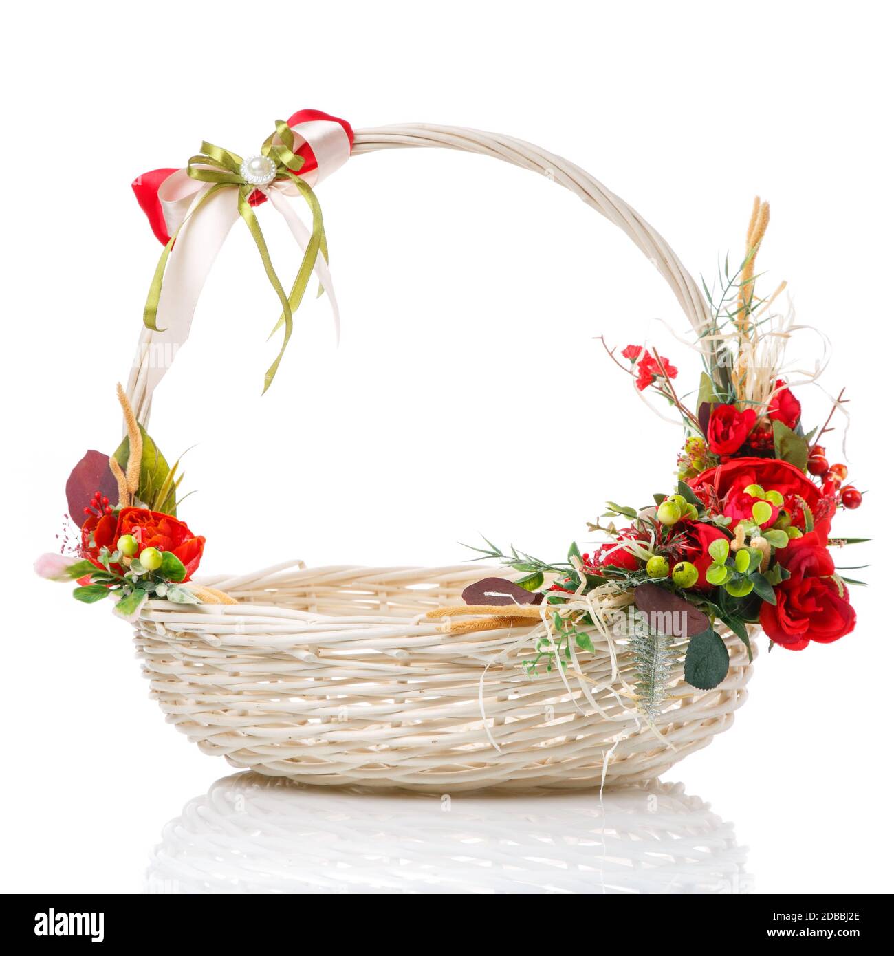 Round white basket with red decor. Easter basket. Isolated Stock Photo ...