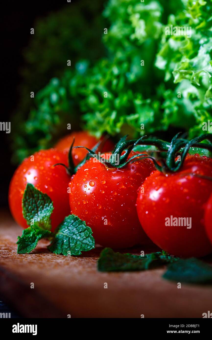 Ripe red fresh tomatoes on the vine. Lettuce and mint leaves. Tomatoes ...