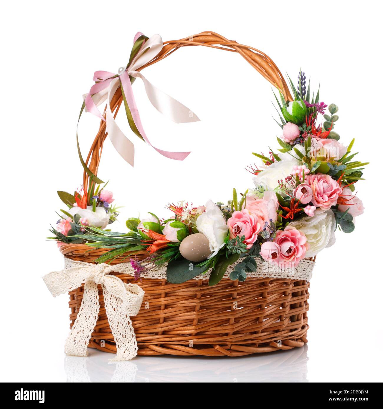 Easter basket. Brown wicker basket with colorful floral decor and ...