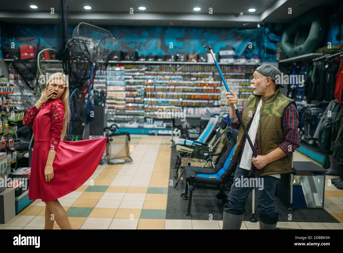 Fisherman hooked a woman's skirt in fishing shop, hooks and baubles on ...