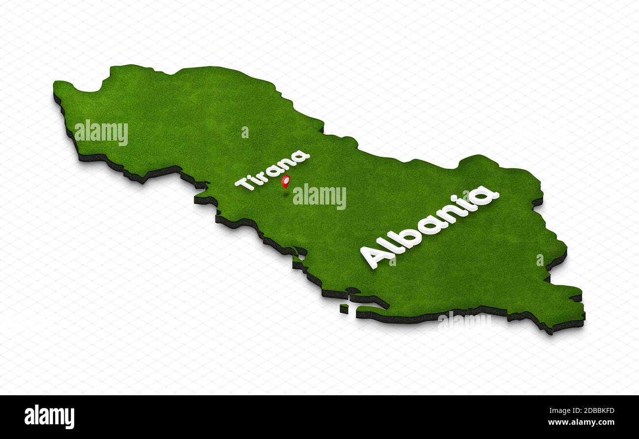 Illustration of a green ground map of Albania on grid background. Right ...
