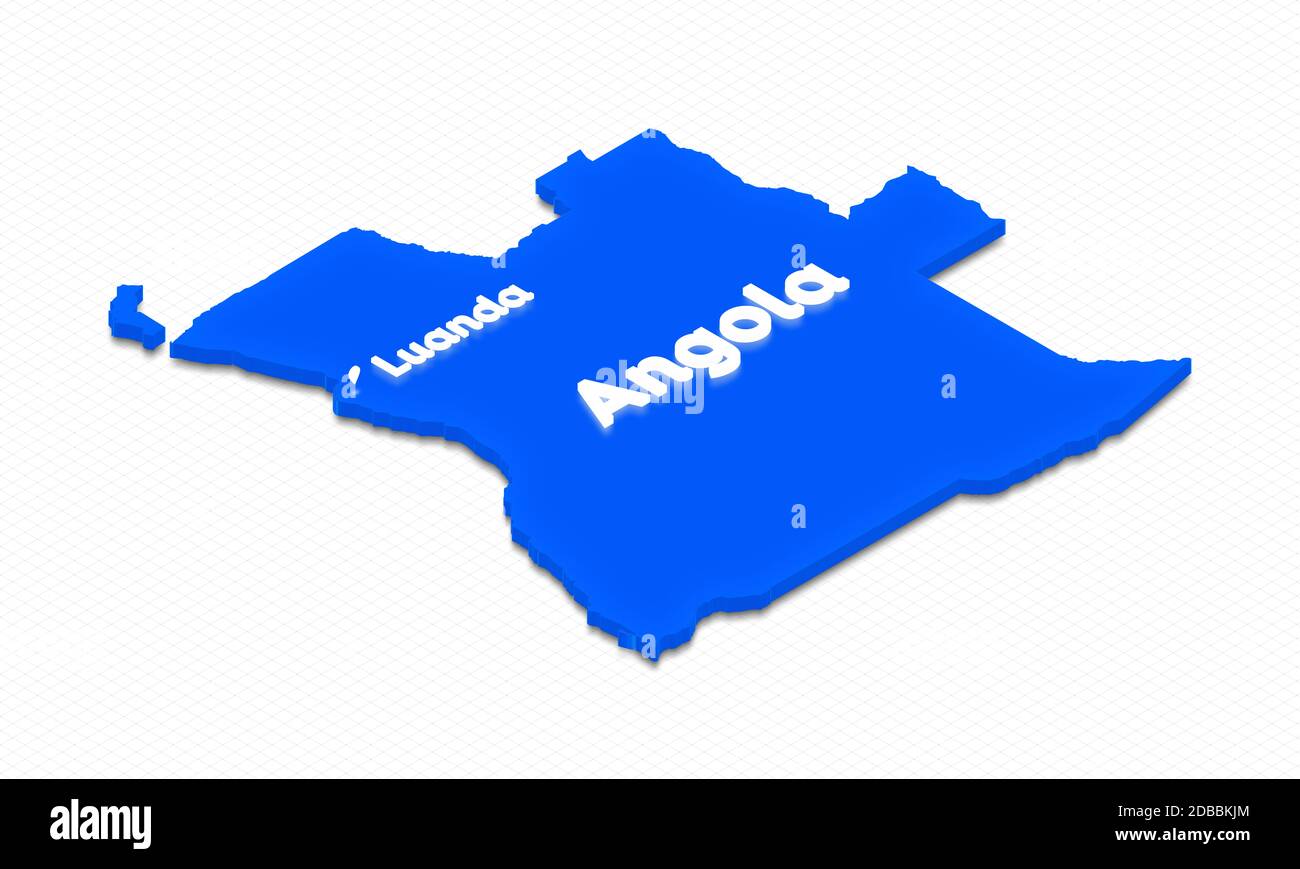 Illustration of a blue ground map of Angola on grid background. Right ...