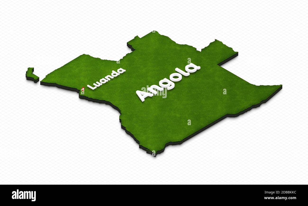 Illustration of a green ground map of Angola on grid background. Right ...
