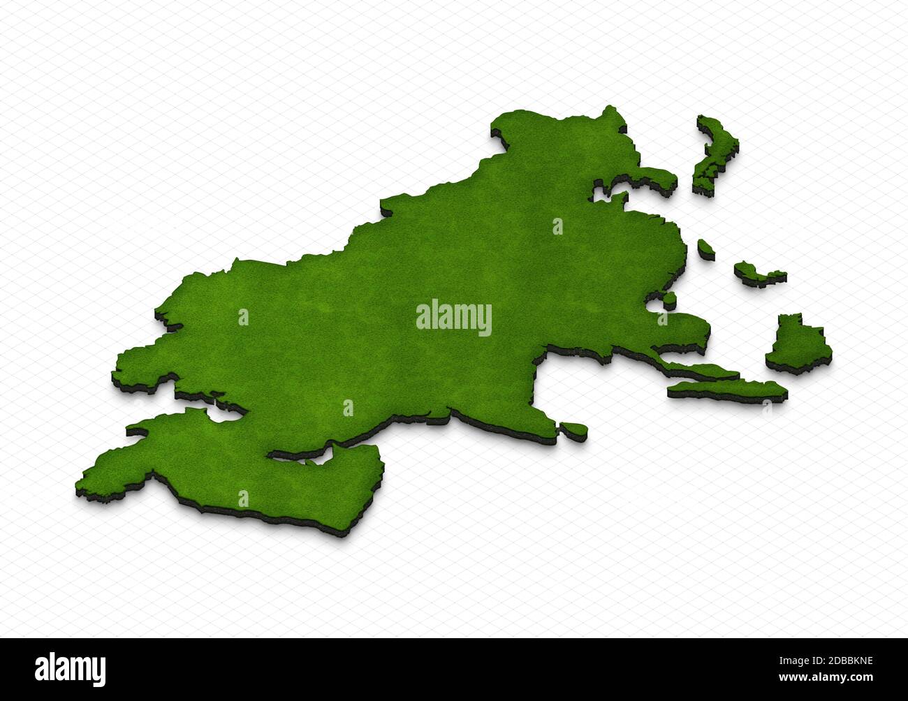 Illustration of a green ground map of Asia on grid background. Right 3D ...
