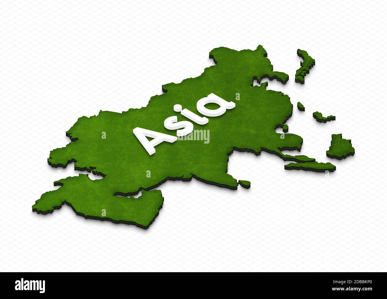 Illustration of a green ground map of Asia on grid background. Right 3D ...
