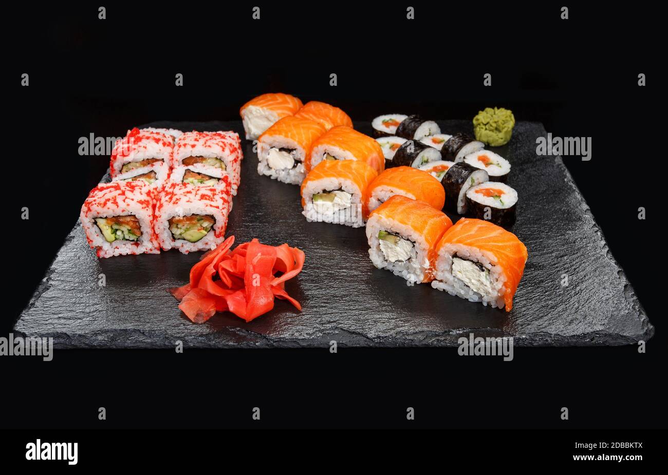 Different types of Japanese sushi, traditional rolls and maki with ...