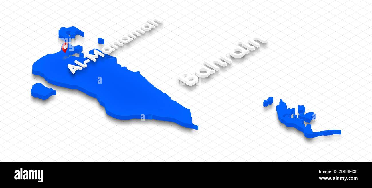 Illustration of a blue ground map of Bahrain on grid background. Right ...