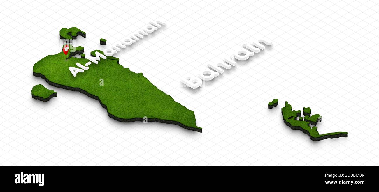 Illustration of a green ground map of Bahrain on grid background. Right ...